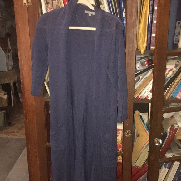 Sweaters | Grayish Blue Long Duster With Fringe | Poshmark